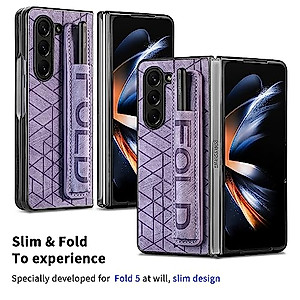 Bizzib for Samsung Galaxy Z Fold 5 Case, Leather TPU Slim Fit Shockproof Full Body Protective Cover with Flexible Grip Strap Compatible with Galaxy Z Fold 5-Purple