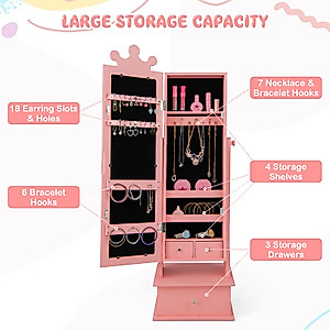 GOFLAME Kids Jewelry Armoire, Children’s Jewelry Cabinet with Full Length Mirror & Storage Drawers, Freestanding Jewelry Organizer for Girls, Birthday/Christmas Gift (Pink)