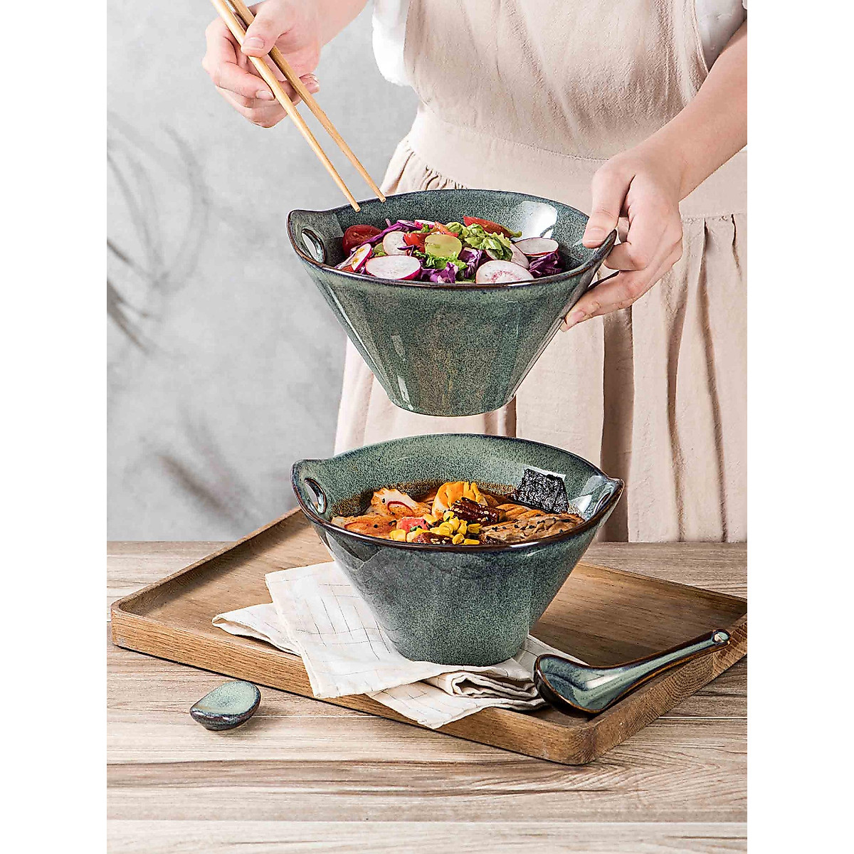 Henten Home 26 OZ Ramen Bowls Set, Ceramic Japanese Noodle Bowls Set of 2, Porcelain Deep Salad Bowl with Chopsticks for Udon, Reactive Glaze, Microwave Safe (Green)