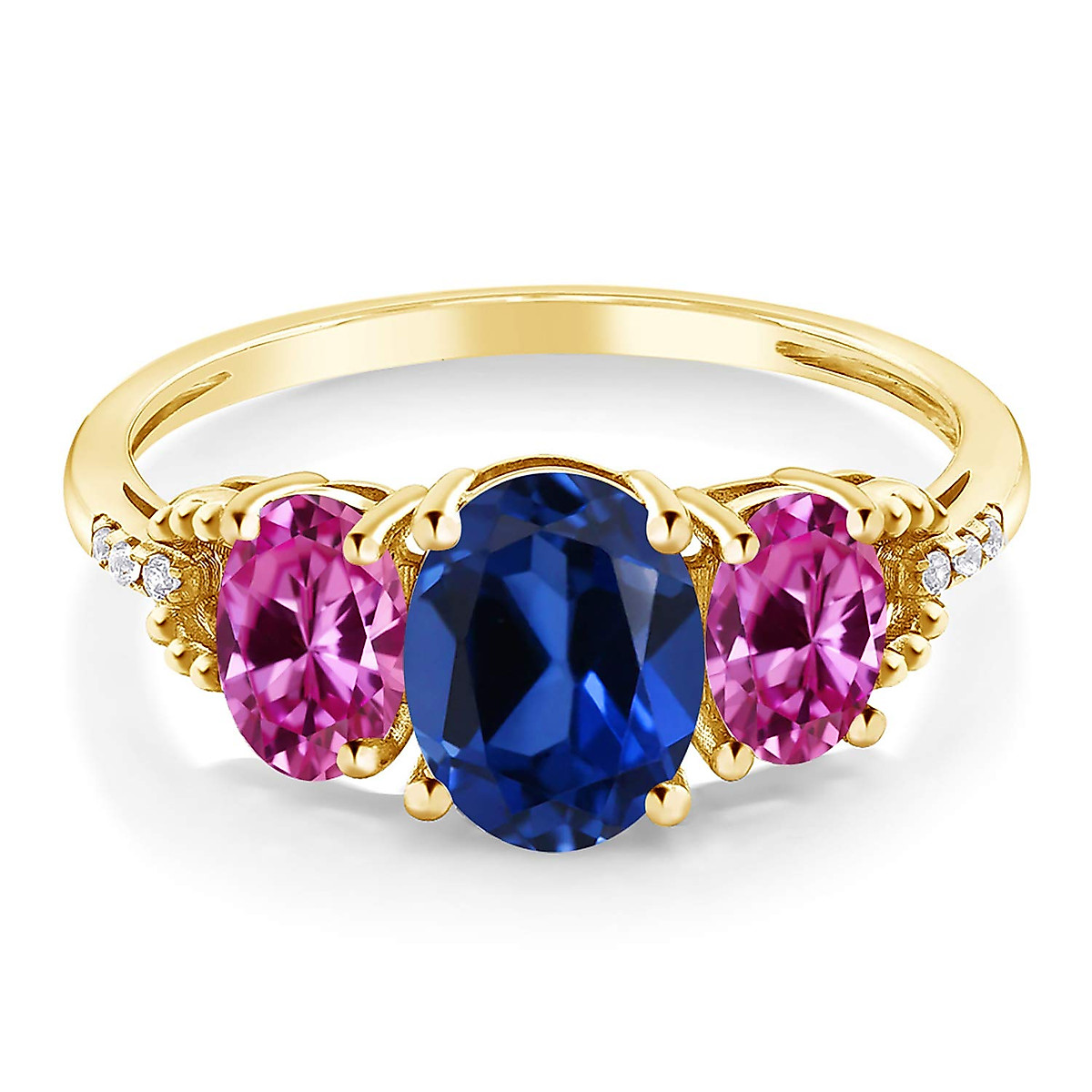 Gem Stone King 2.64 Ct Oval Blue Created Sapphire Pink Created Sapphire 10K Yellow Gold Ring (Size 9)