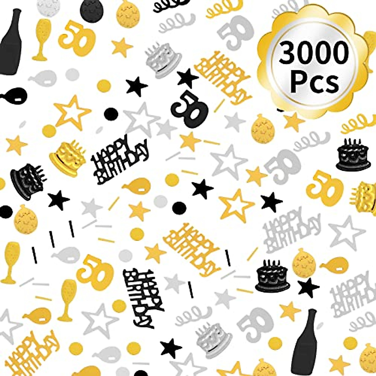3000 Pieces Happy Birthday Confetti Number 50 Confetti Birthday Cake Confetti Table Scatter Confetti, Black Gold Silver Party Decorations Supplies for Birthday Anniversary (50th Style)