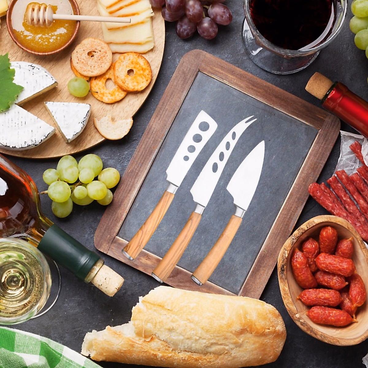 3 Piece Cheese Knife Set with Bamboo Box for Charcuterie Board, Olive Wood Stainless Steel Cheese Knives, Perfect for Hard and Soft Cheese Slicer and Cutter, Gift Set
