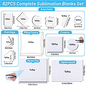 modacraft 82 PCS Sublimation Blanks Products Set, DIY Sublimation Starter Kit with 20 Car Coasters, 12 Keychains, 8 Earrings, 4 Mouse Pads, 3 Pillow Covers, 3 Puzzles