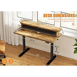 Flycity Electric Standing Desk with Dual Monitor Stand, Height Adjustable Desk Sit Stand Desk with Memory Controller, Casters & 2 Hooks, Low Noise Home Office Desk (Rustic Brown, 48" x 24")