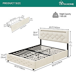 YITAHOME Beige Queen Bed Frame, LED Platform Bed with Wooden Slat, Adjustable Upholstered Headboard Bed with 4 Storage Drawers, No Box Spring Required, Easy Assembly