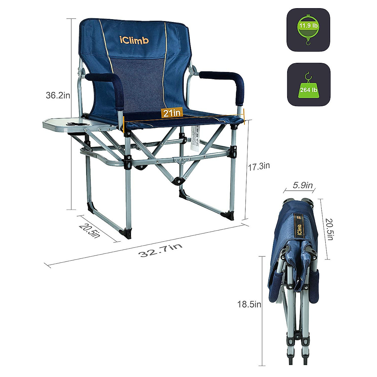 iClimb Heavy Duty Compact Camping Folding Mesh Chair with Side Table and Handle (Navy)