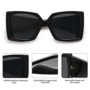 SOJOS Retro Square Polarized Womens Sunglasses Trendy Oversized Large Women's UV Protection Big Shades SJ2224 Black Grey Lens