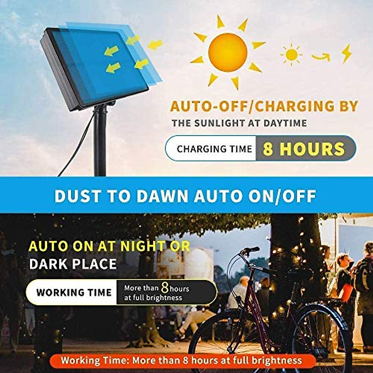 MZD8391 300LED Outdoor Solar String Lights with 8 Lighting Modes, 105 Feet Waterproof Solar Powered Lights for Indoor Outdoor Christmas Patio Garden Yard Wedding Party Tent Tree Decor, Warm White