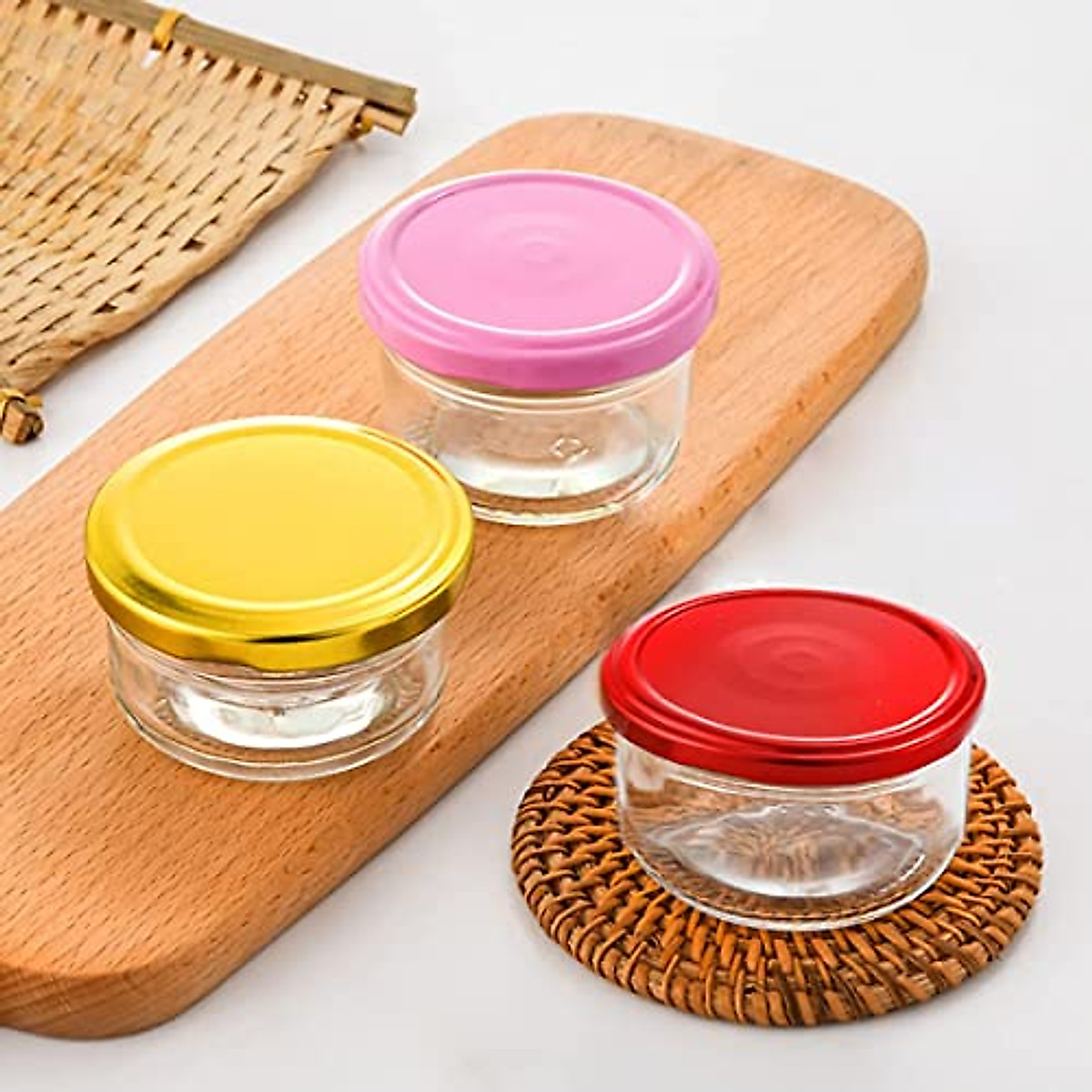 Delove [7 Pack] 2.7 oz Small Glass Condiment Containers with Lids - Salad Dressing Container to Go - Dipping Sauce Cups Set - Leak proof Reusable Sauce Containers for Lunch Box Picnic Travel - Pink