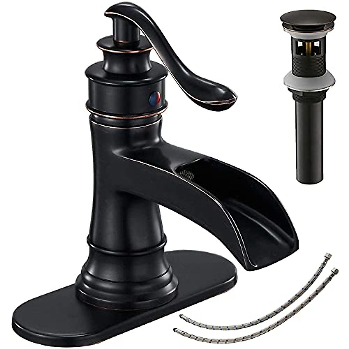 Bathroom Faucet Oil Rubbed Bronze Waterfall Sink Bath Faucets Farmhouse Spout Lavatory Vanity Deck Mount Single-Handle One Hole Matching Pop Up Drain Stopper Supply Lines Hose Lead-Free By Bathfinesse