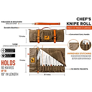 EVERPRIDE Canvas Knife Roll Bag Stores 10 Knives up to 19" PLUS Zipper for Kitchen Tools – Durable Knife Carrying Case for Professional Chefs and Culinary Students – Knives Not Included