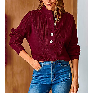 Okiwam Women's V Neck Button Sweater Loose Long Sleeve Cable Knit Pullover Fall Casual Jumper Top