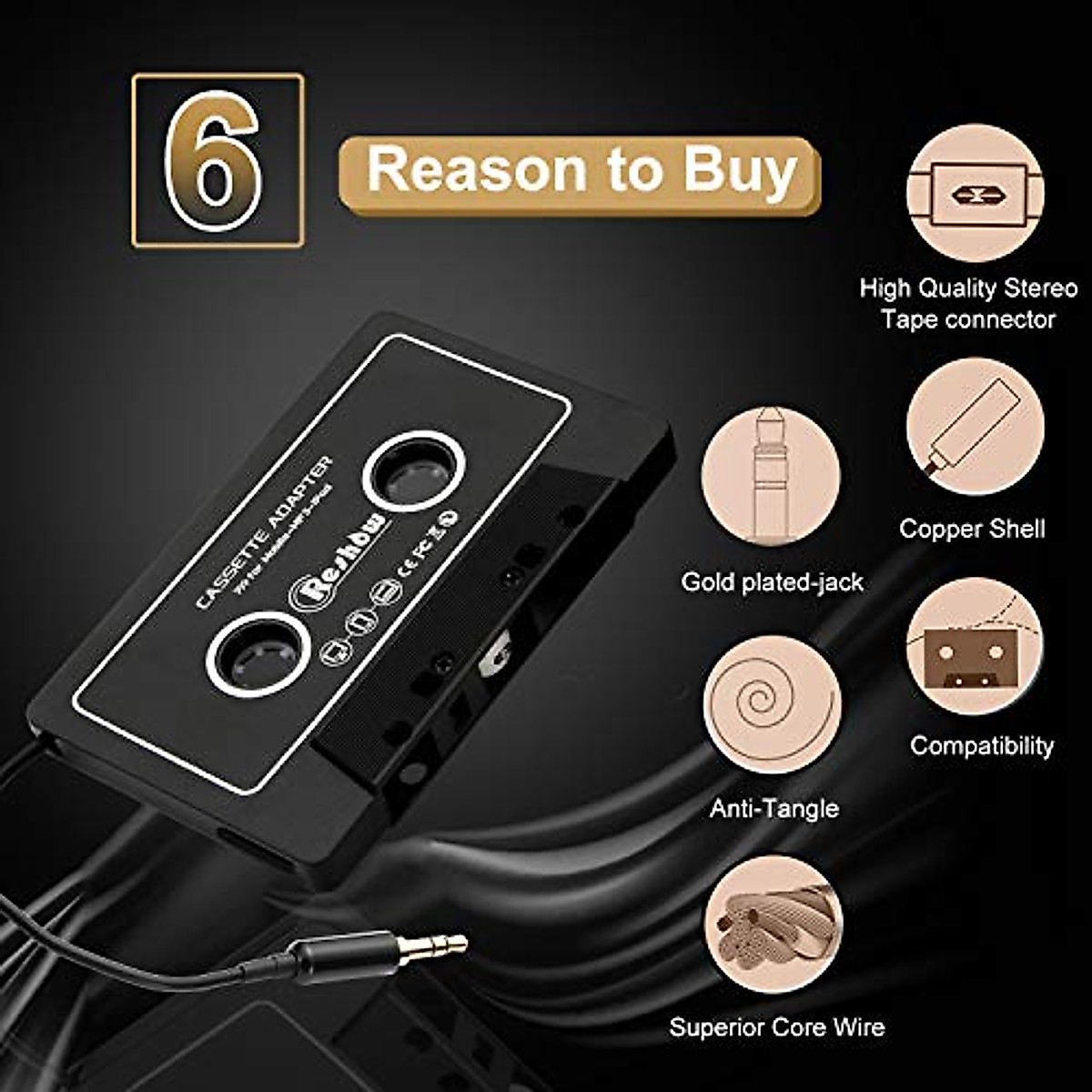 Reshow Cassette to Aux Adapter with Stereo Audio, Premium Car Audio Cassette Adapter with 3.5mm Headphone Jack