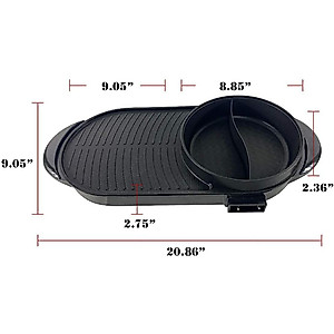 Electric 2 in 1 Grill with Shabu Shabu Hot Pot. Multifunctional Indoor Teppanyaki Korean BBQ Capacity for 2-10 People