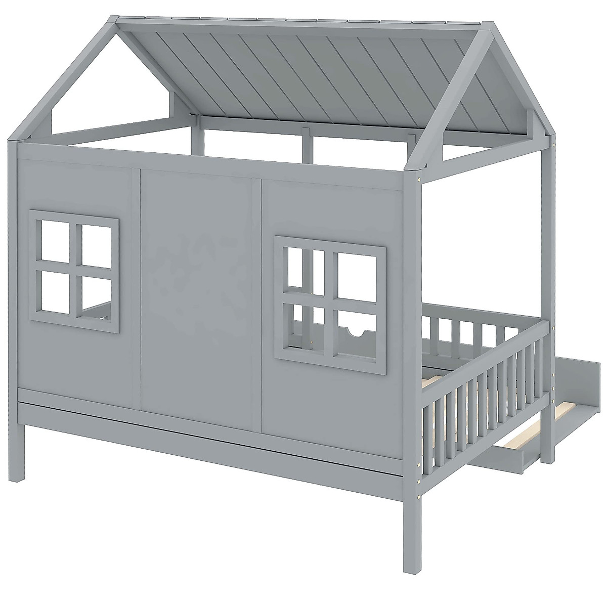 Harper & Bright Designs Full House Bed with Trundle, Wood Kids Trunlde Bed Full with Rails,Windows and Roof,Full Bed Frames with Trundle Playhouse Bed Frame for Girls Boys (Full,Grey)