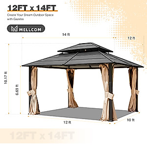 MELLCOM 12 x 14 FT Iron Hardtop Gazebo, Double Roof Design with Curtains and Netting, Waterproof Canopy Gazebos with Anti-Rust Coating Frame for Patios, Lawns, Gardens, and Backyard