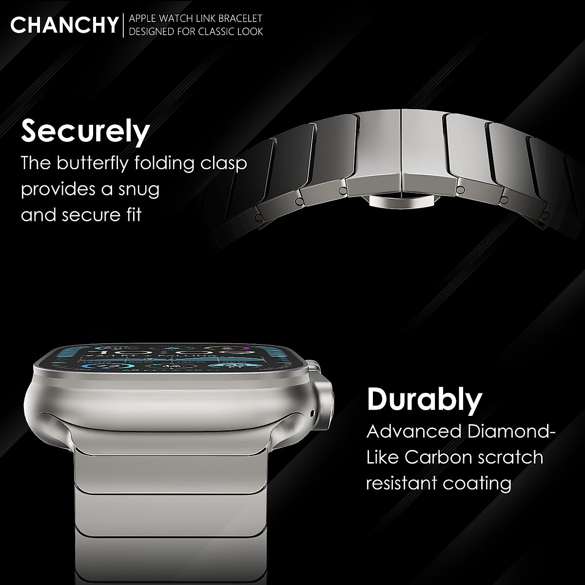 CHANCHY Stainless Steel Band for Apple Watch Ultra/Ultra 2 Link Bracelet 49mm 46mm 44mm 45mm, Metal Strap with Folding Clasp for Apple Watch Series 10 9 8 7 6 5 4 SE (Titanium, 49mm 46mm 45mm 44mm)