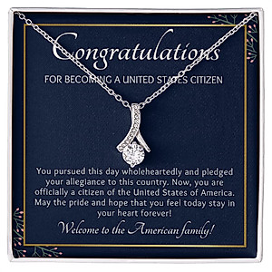 New US Citizen Gifts for Women, Ribbon Necklace Cubic Zirconia, Congratulations Citizenship New American Citizen, United States Citizen Gift, Immigrant (14K White Gold Finish)