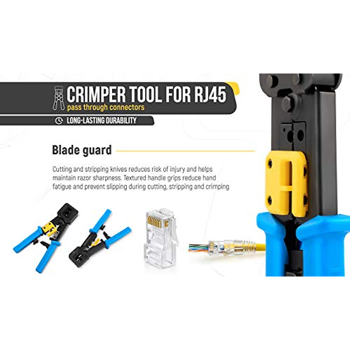 EMS RJ45 Crimp Tool Kit, With 50 Cat6 Pass Through Connectors and 50 Clear Cable Strain Relief Boots + Extra blades - EZ Cut, Strip, Crimp Ethernet Cables