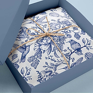 Whaline 100 Sheets Blue White Floral Tissue Paper Chinoiserie Flower Bird Gift Wrapping Paper DIY Art Craft Tissue Paper for Packaging Wedding Birthday Baby Shower, 13.7 x 19.6 Inch