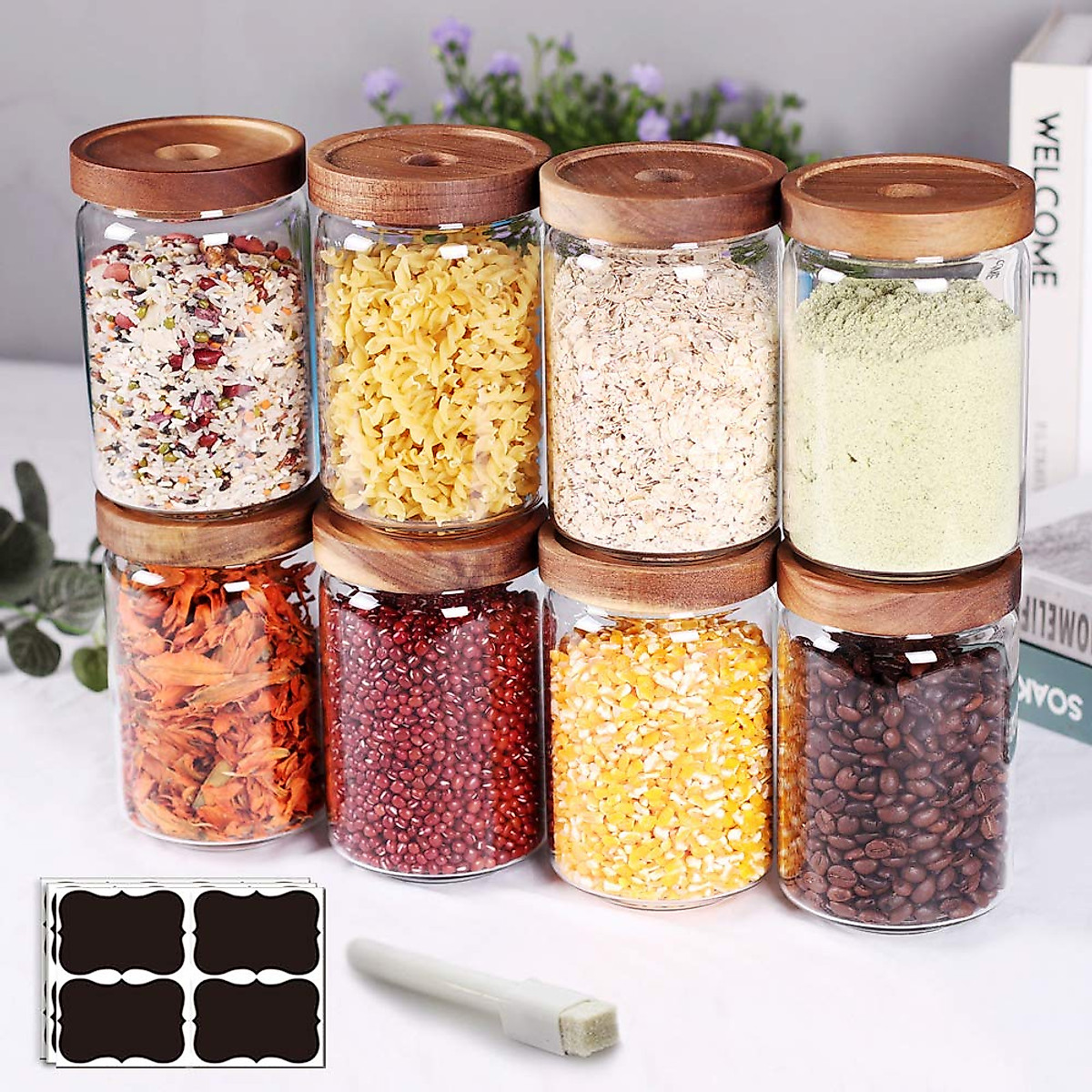 SAIOOL Stackable Kitchen Canisters Set of 8,High Borosilicate Glass Cylinder Airtight Food Storage,Durable and sort out the tea, flour, candies, grain easily and clearly