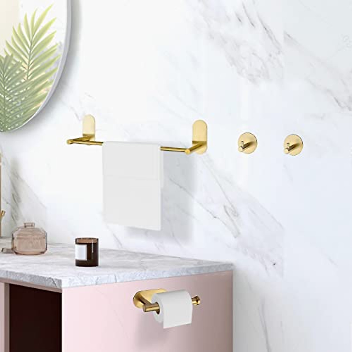 HouseAid 5-Piece Self Adhesive Towel Holder Set for Bathroom, Adhesive Bathroom Hardware Accessories Including Towel Ring, Toilet Paper Holder, 18” Towel Bar and 2 Towel Hooks, Brushed Gold