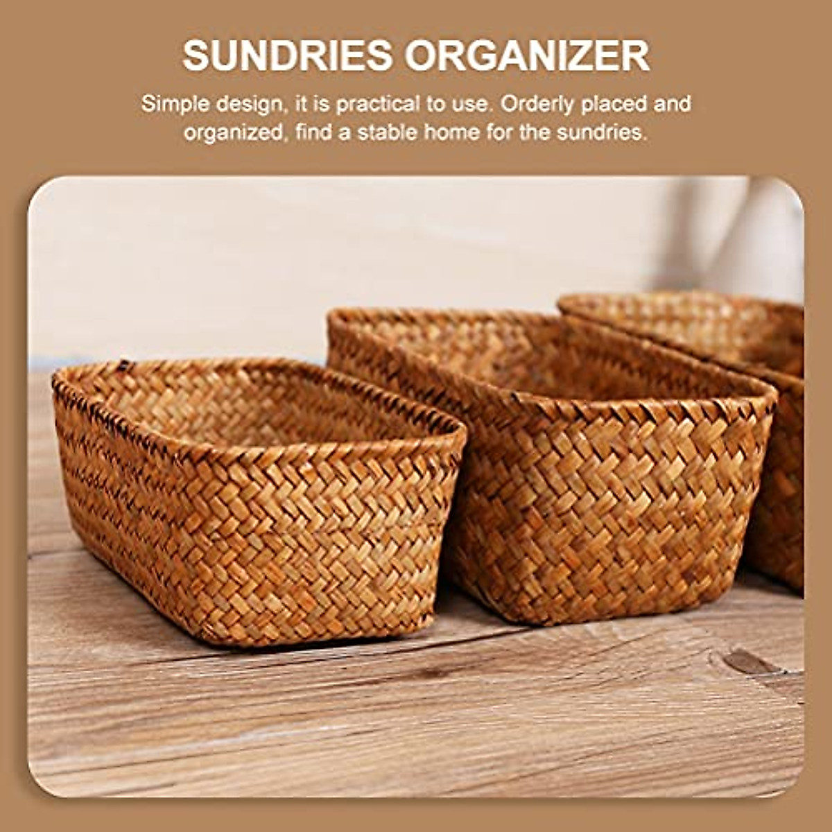 Seagrass Woven Basket, Small Storage Basket Rectangular Organizer Tray Decorative Shelf Basket Weave Sundries Container Desktop Basket for Makeup, Clothes, Toys, Stationery (M)