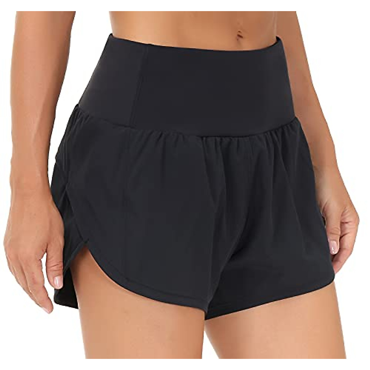THE GYM PEOPLE Womens High Waisted Running Shorts Quick Dry Athletic Workout Shorts with Mesh Liner Zipper Pockets (Black, Large)