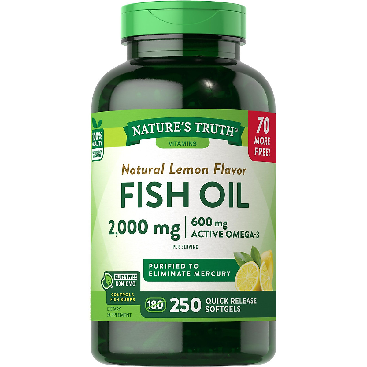 Nature's Truth Burpless Fish Oil Pills 2000 mg | 600 mg Omega 3 | 250 Softgels | Natural Lemon Flavor | Non-GMO, Gluten Free Supplement