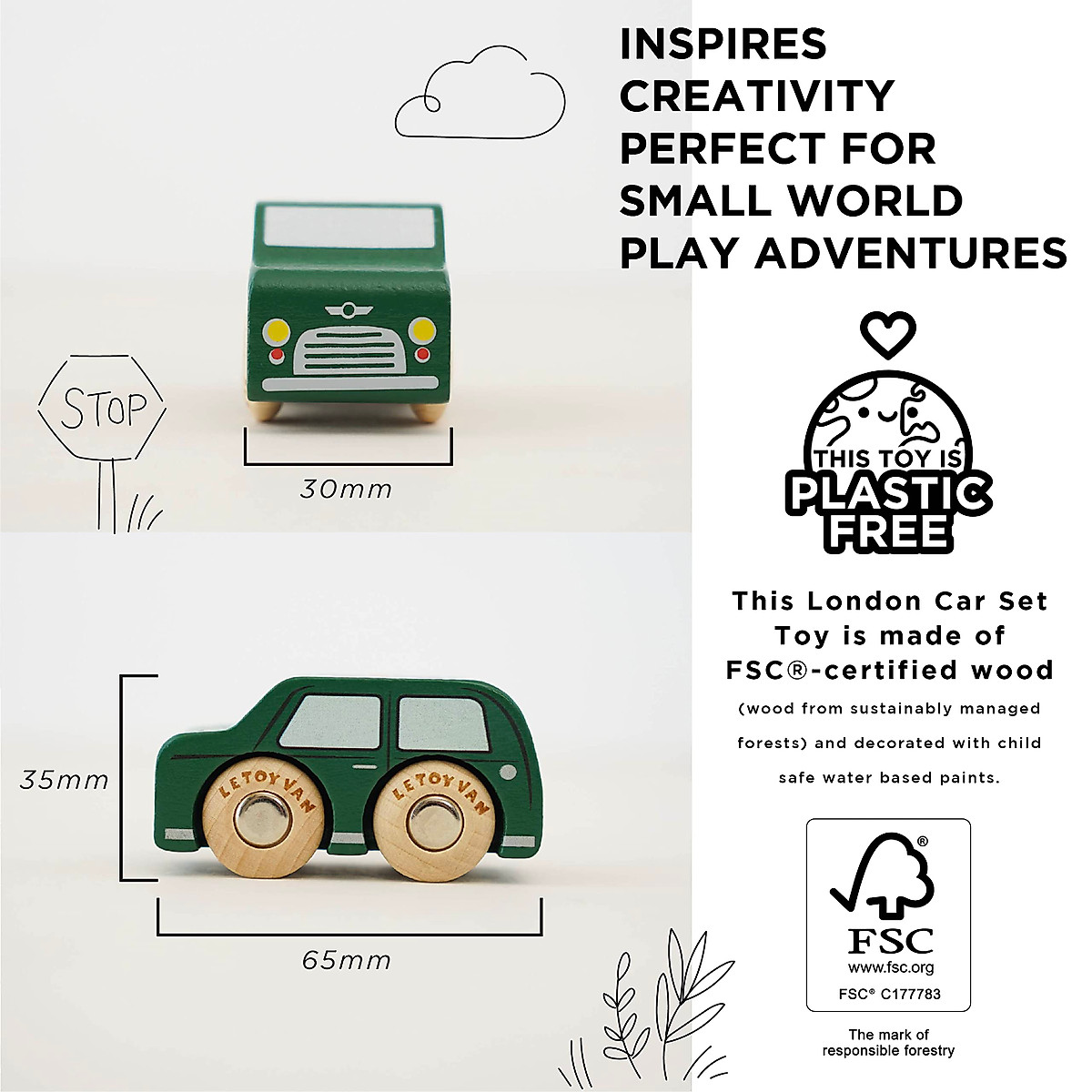 Le Toy Van London Car Set Premium Wooden Toys for Kids Ages 3 Years & Up (TV267), 7-pk