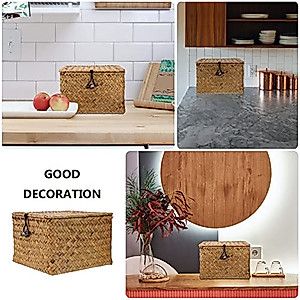 DOITOOL Basket Small Handwoven Rattan Storage Basket Seagrass Organizer Container with Lid Shelf Baskets with Lid Desktop Makeup Organizer Multipurpose Container (10x10x10cm) Small Basket