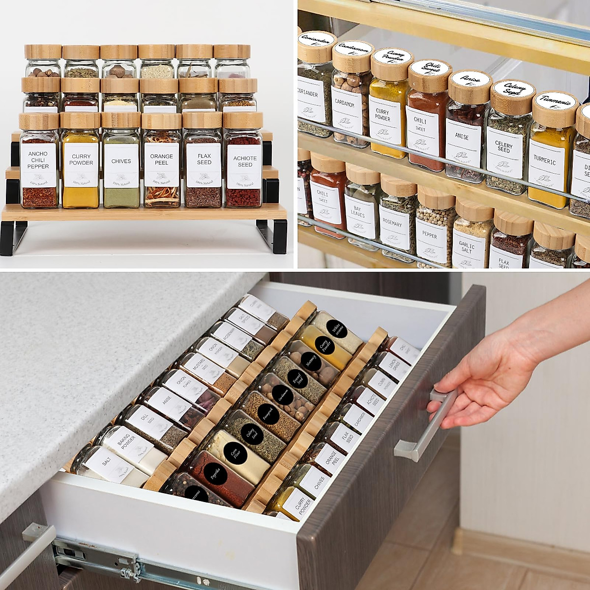 AuroTrends Glass Spice Jars with Bamboo Lids 4oz 24Pack, Spice Jars with Label- 4oz Spice Jars with Shaker Lids/Blank & Preprinted Spice Labels (4fl.oz, 24Pack)