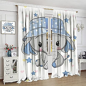 Denruny Cartoon Cute Elephant Curtain Nursery Baby Elephant with Blue Hat Windows Drapes for Nursery Room Kids Room Gifts for Boys and Girls Rod Pocket 2 Panels 63L x 21W