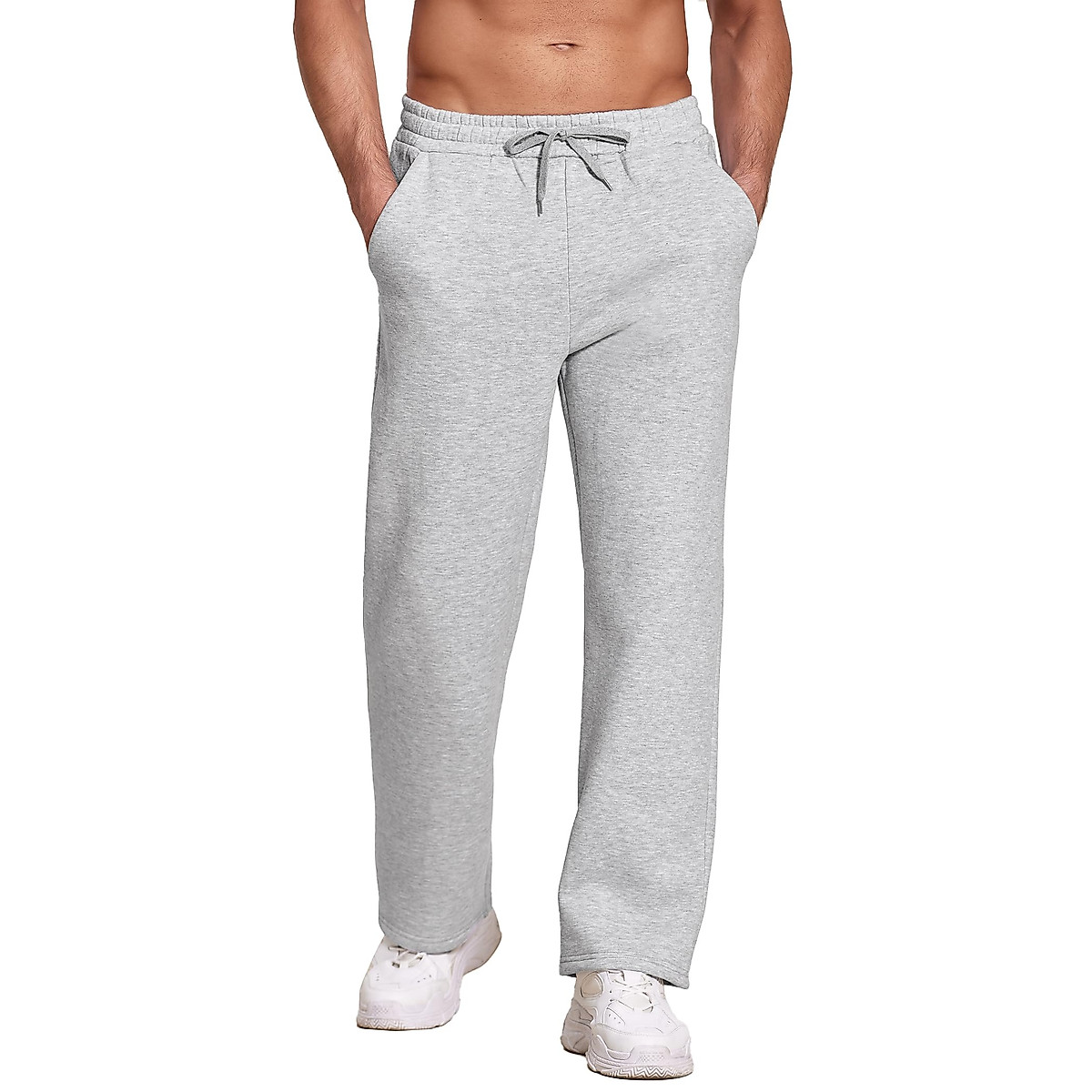 Deyeek Mens Grey Sweat Pants Thick Open Bottom Sweatpants for Men Baggy Straight Leg Joggers Winter Fleece Pants with Pockets