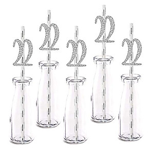 Silver Happy 22nd Birthday Straw Decor, Silver Glitter 24pcs Cut-Out Number 22 Party Drinking Decorative Straws, Supplies