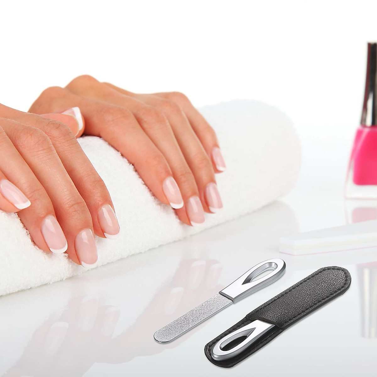 3 Pieces Stainless Steel Nail Files with Leather Case Double Sided Nail Files Non Slip Handle Grit Diamond Fingernail File Easily Grinding Metal Nail File Emery Boards for Natural Nails (Black)