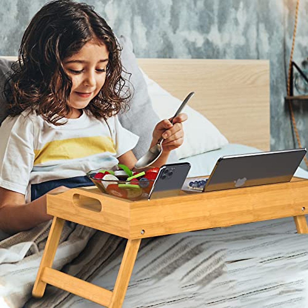 Bed Tray Table with Handles Folding Legs,Bamboo Breakfast Food Tray with Media Slot,Use As Platter,Laptop Desk,Snack,TV Tray Kitchen Serving Tray(Beige,Medium)