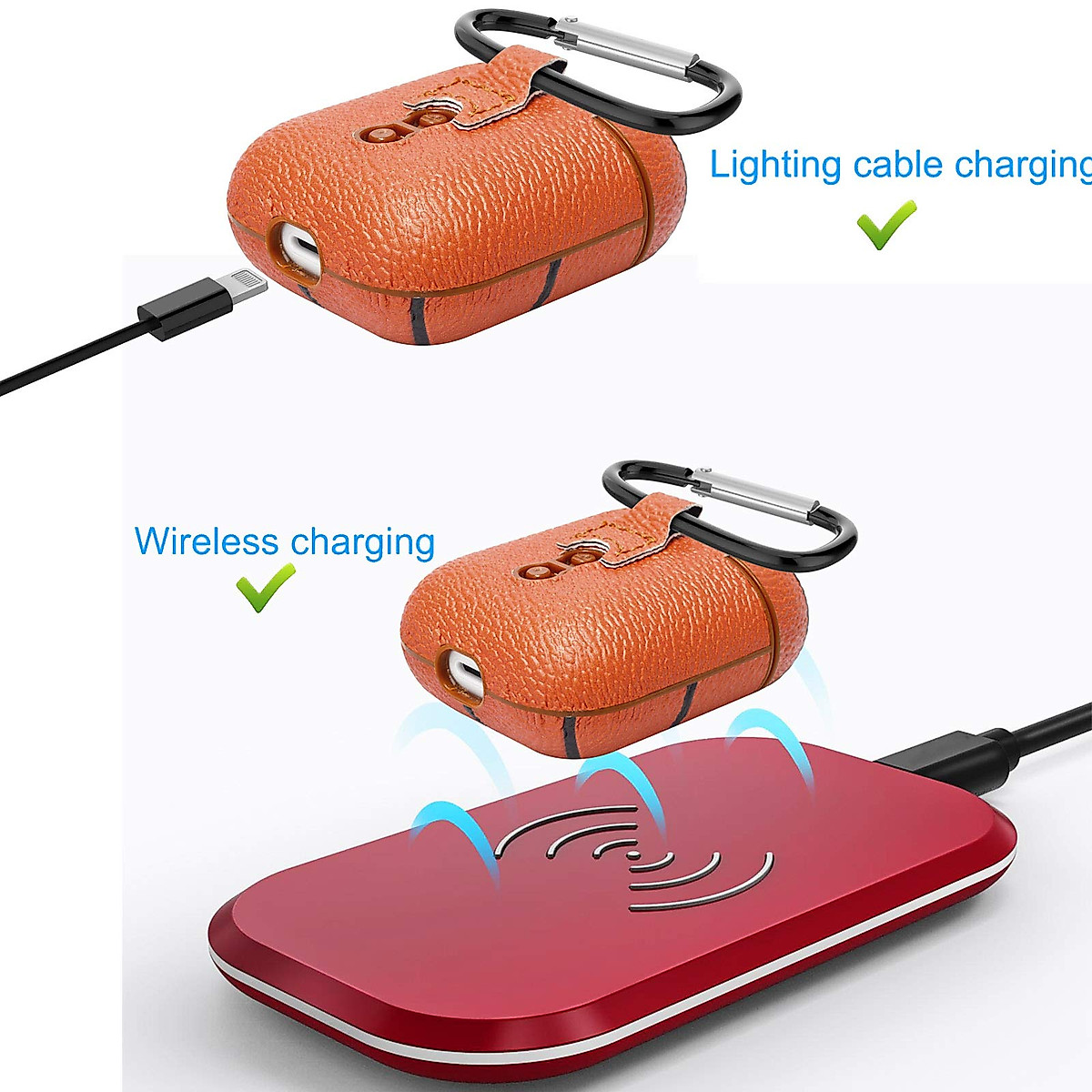 Tekcoo AirPods Case, [Front LED Visible] AirPods Accessories Cover Compatible with Apple Airpods 1 & AirPods 2 Protective PC Plastic Inner + PU Vegan Leather Pattern Skin & Keychain [Basketball]