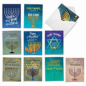 The Best Card Company - 10 Assorted Chanukah Thank You Notecards Bulk Box Set 4 x 5.12 Inch with Envelopes (10 Designs, 1 Each) Jewish Holiday Cards Hanukkah Lights AM6140HYG-B1x10