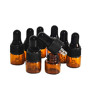 AGENIZ 50PCS Amber Glass Dropper Bottles 1ml Mini Essential Oil Dropper Bottles Glass Vials with Glass Eye Dropper for Travel Sample Vials