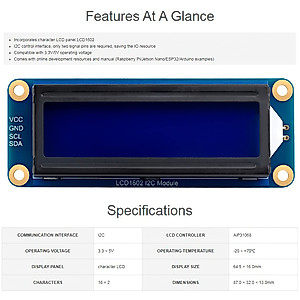 waveshare AiP31068 LCD1602 I2C Module,16x2 Characters Display, White Color with Blue Background, Compatible with Arduino/Raspberry Pi/Raspberry Pi Pico/Jetson Nano/ ESP32, 3.3V/5V