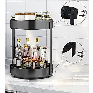 Fineget Rotating Spice Rack Organizer for Cabinet Kitchen 2 Tier Large Metal lazy Susan Spinning Turntable Tiered Vertical Storage Rack Self Black