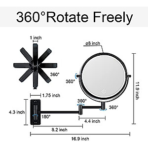 LANSI Rechargeable Wall Mounted Lighted Makeup Mirror, Mounted Makeup Magnifying Mirror with Lights,10X LED Vanity Mirror Wall Mounted, 8" Wall Bathroom Shaving Mirror (Black)