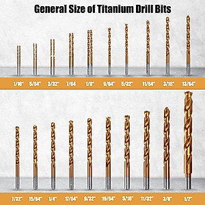 MulWark 25PC Titanium Nitride Coated Twist Drill Bit Set, 135° High Speed HSS Steel Jobber Drill Bits 1/6"-1/2" Straight Round Shank Drill Bits
