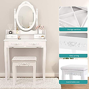 LAGRIMA Makeup Vanity Table Set, Makeup Table and Stool with Oval Mirror & 4 Storage Drawers, Wooden Dressing Desk Table Furniture Set for Women Girls