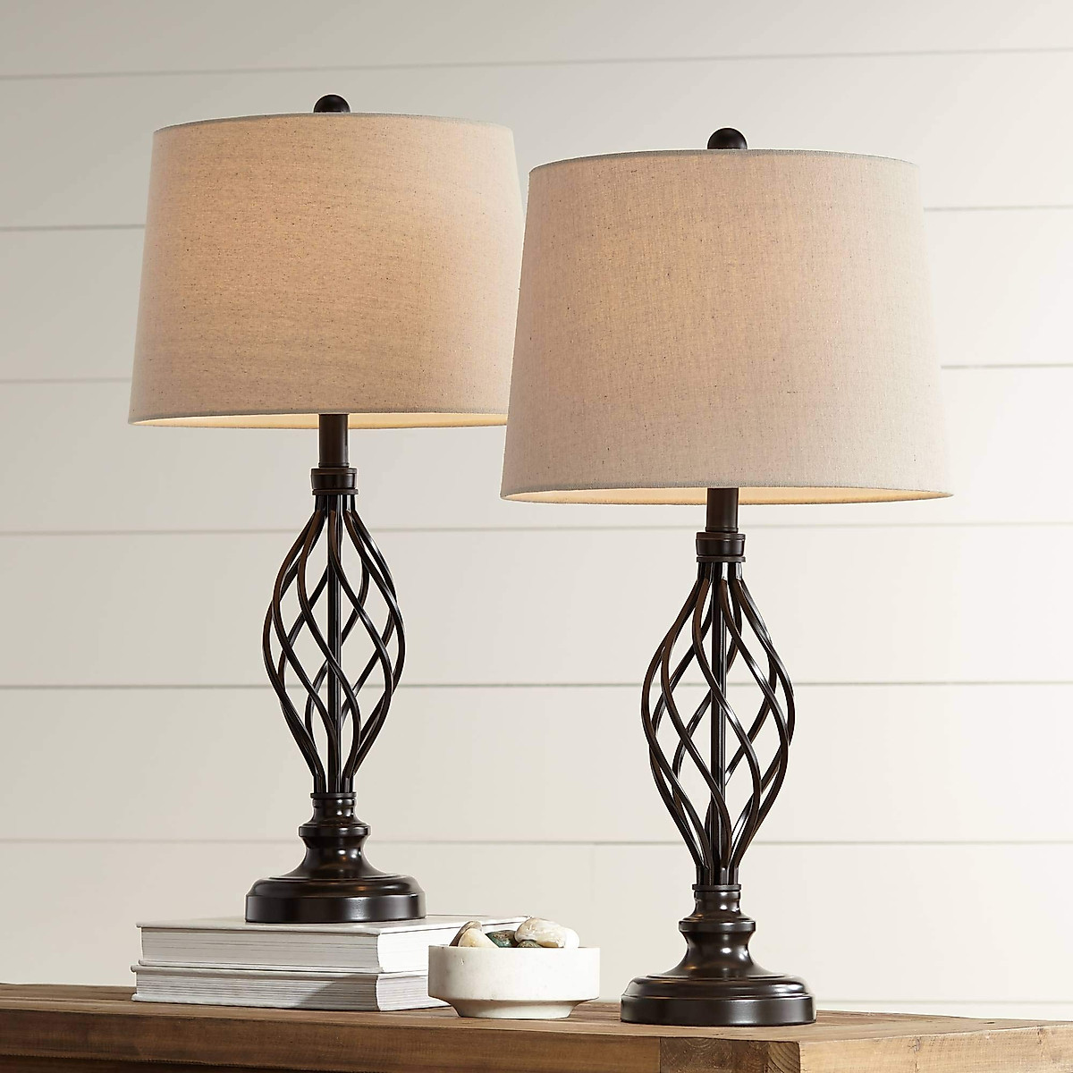 Franklin Iron Works Annie Modern Industrial Table Lamps 28" Tall Set of 2 with Dimmers Bronze Iron Cream Tapered Drum Shade for Bedroom Living Room House Home Bedside Nightstand Office Entryway
