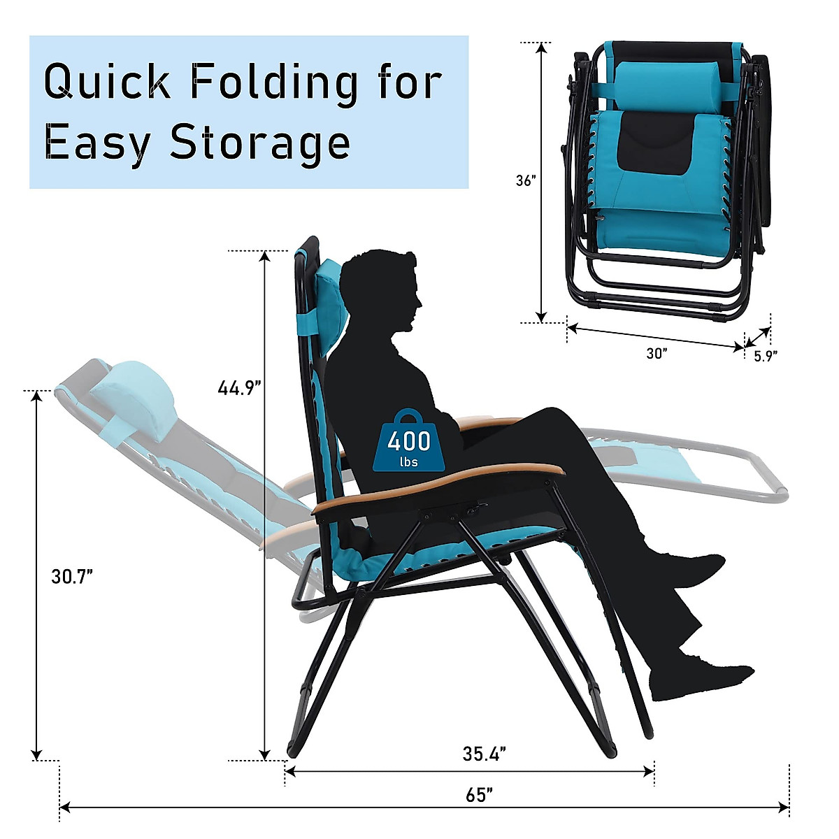PHI VILLA XXL Oversized Padded Zero Gravity Chair, Foldable Patio Recliner, 30" Wide Seat Anti Gravity Lounger with Cup Holder, Support 400 LBS (Aqua)