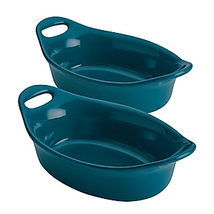Rachael Ray Solid Glaze Ceramics Au Gratin Bakeware / Baker Set, Oval - 2 Piece, Teal