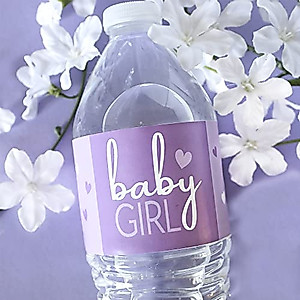 Purple It’s a Girl Baby Shower Water Bottle Labels - Sweet Baby Girl Themed Waterproof Wrappers - 24 Count