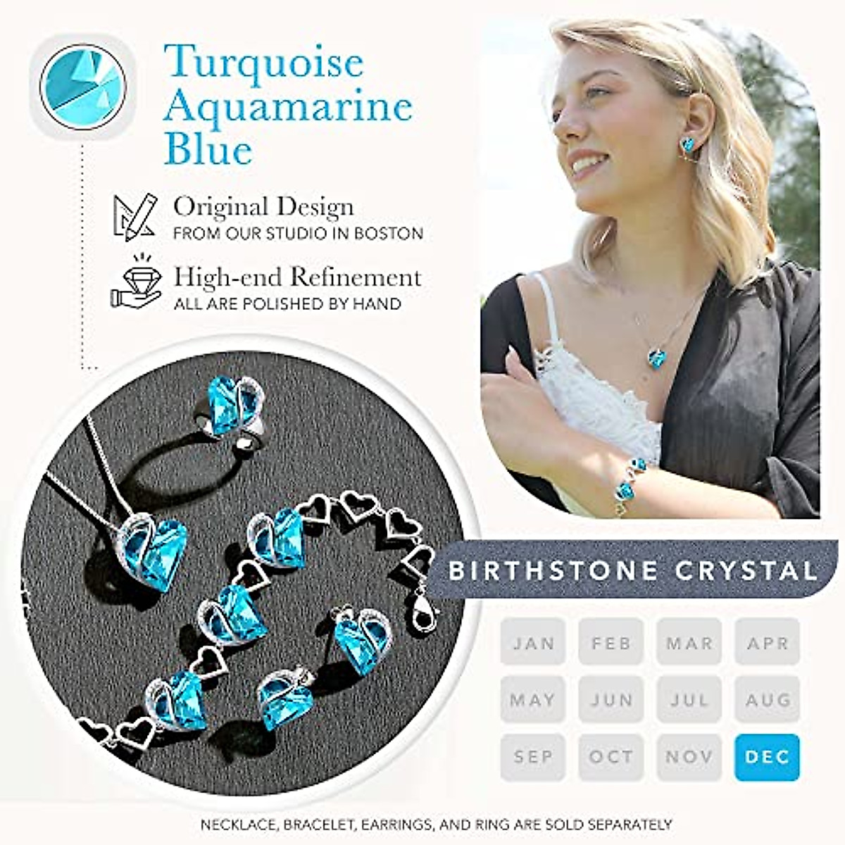 Leafael Infinity Love Heart Link Bracelets, December Birthstone Crystal Bracelet for Women, Silver Tone Jewelry Gifts for Her, Turquoise Aquamarine Blue, 7-inch Chain and 2-inch Extender